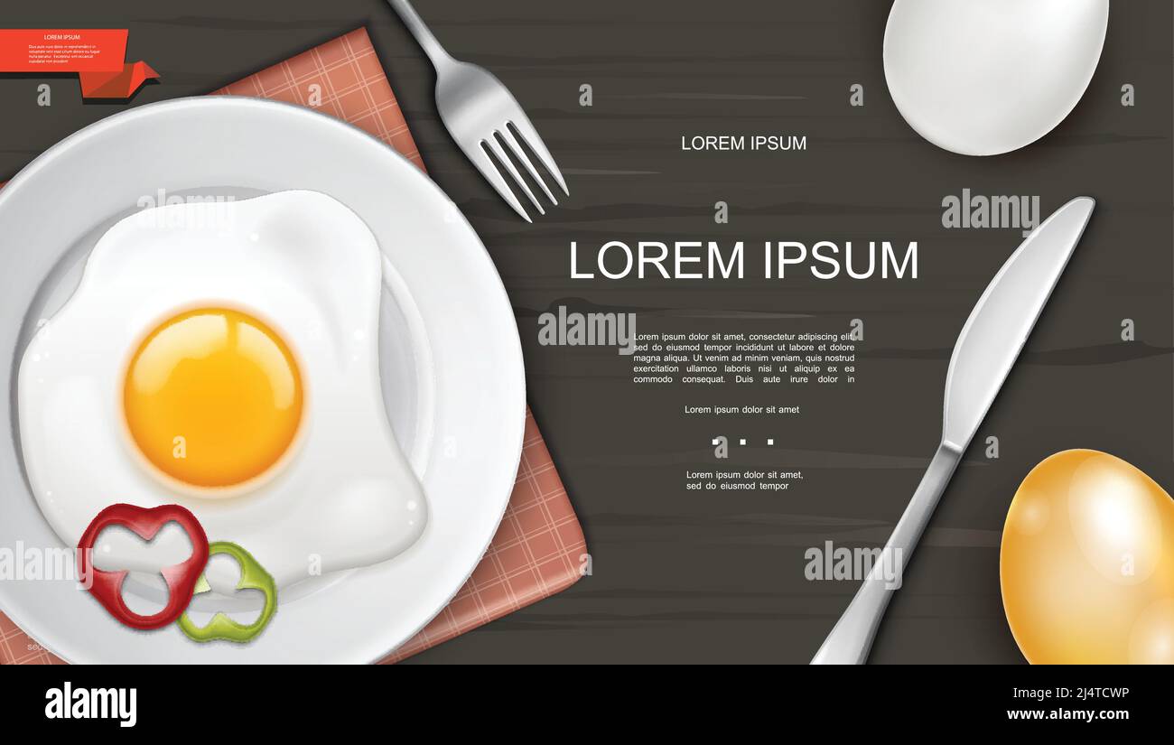 Realistic colorful breakfast template with eggs omelette and pepper ...