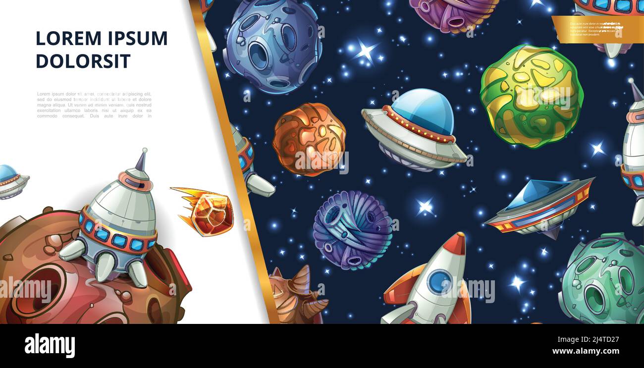 Cartoon colorful space concept with fantasy planets meteors asteroids ...
