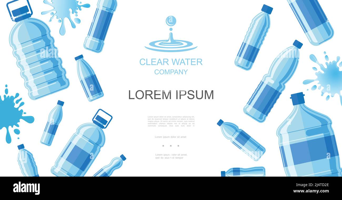 Flat drinking water concept with plastic bottles of pure aqua and ...