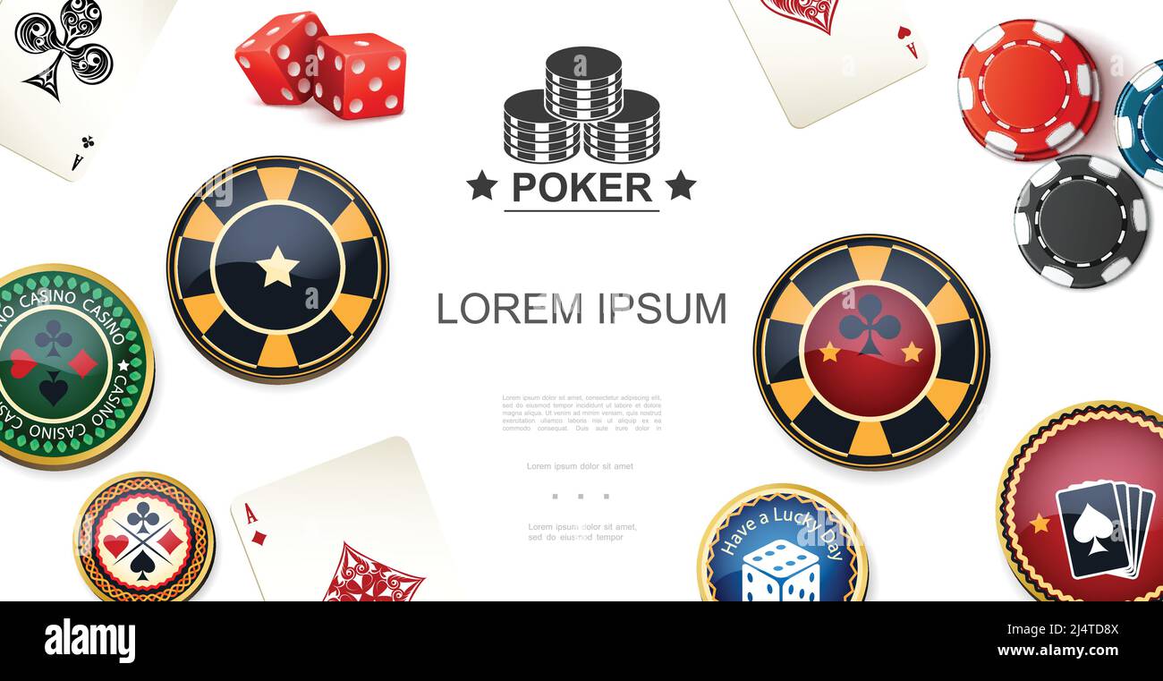 Realistic poker colorful concept with chips dices aces and joker cards ...