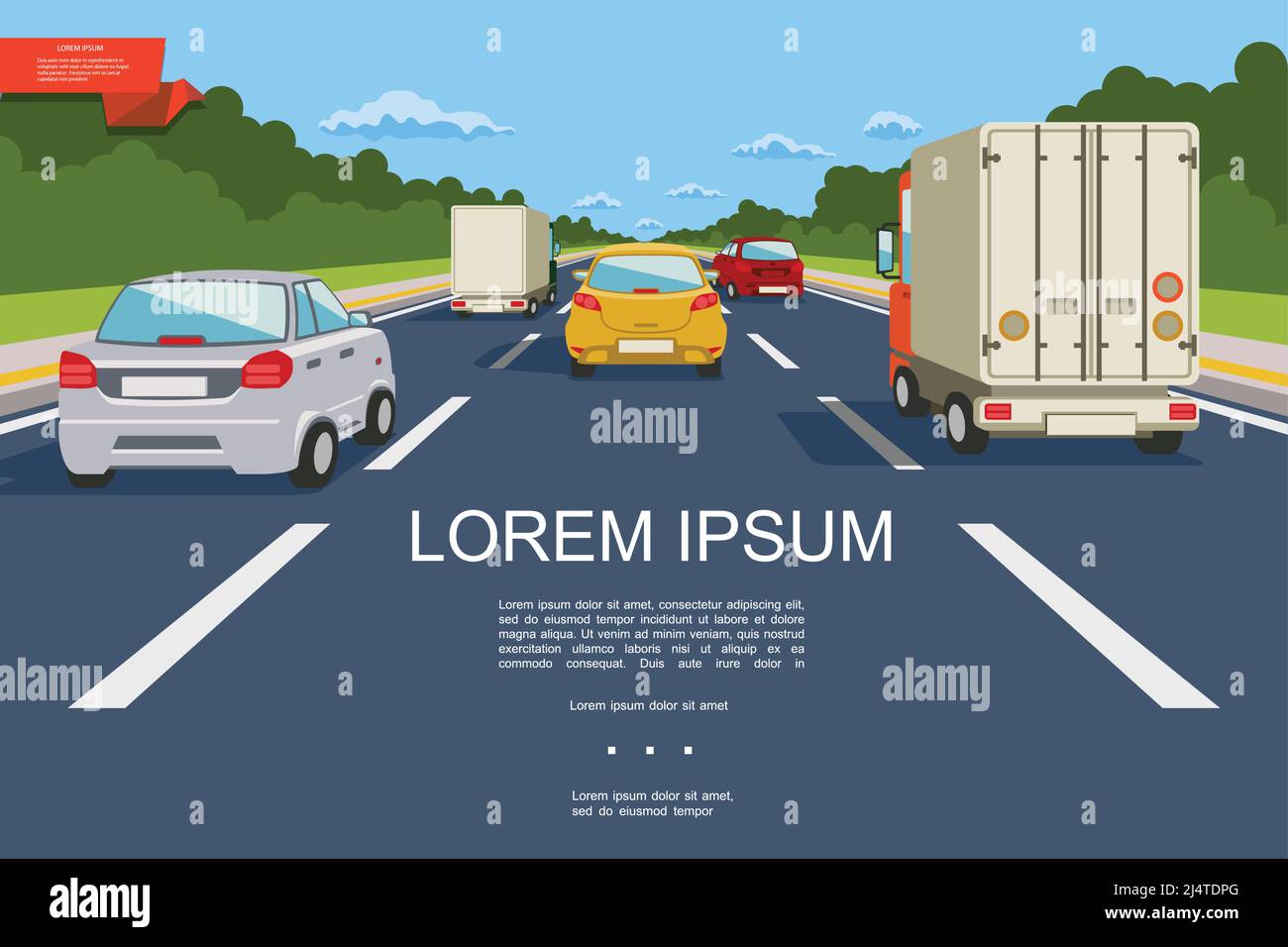 Colorful city transport template with cars and trucks moving on road in ...