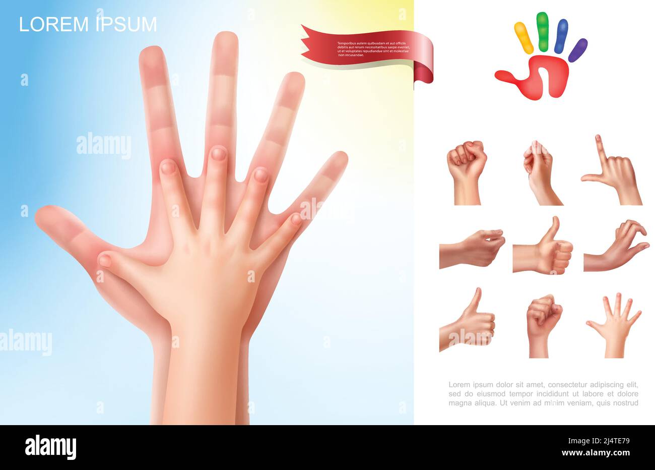 Child and parent hands concept with different female hand gestures in ...
