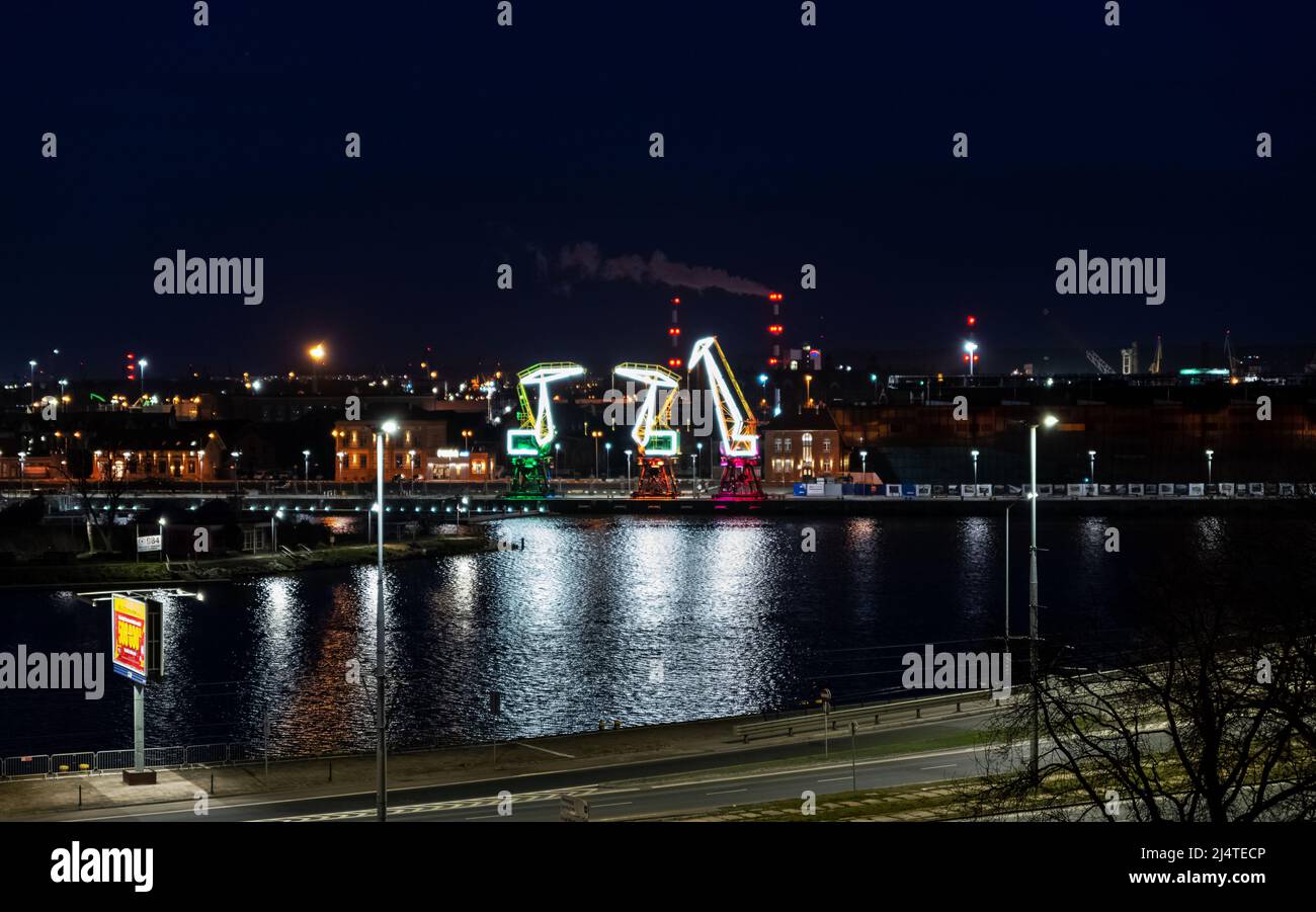 The three old port cranes from the Szczecin Island of Lasztownia ...