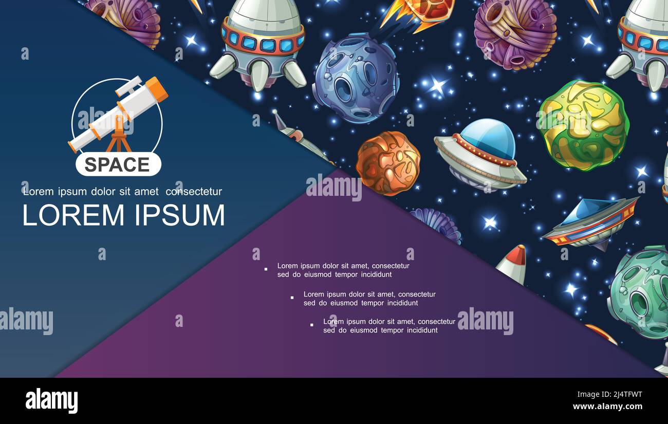 Cartoon universe composition with ufo spaceship light stars fantasy ...