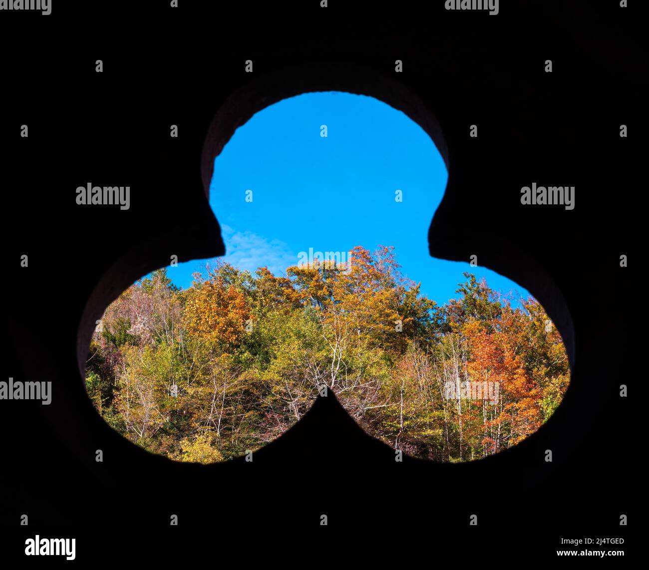 An antique window in the shape of a three-leaf clover and a view of the ...