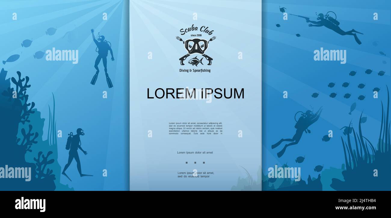 Colorful scuba diving template with fishes corals and divers ...