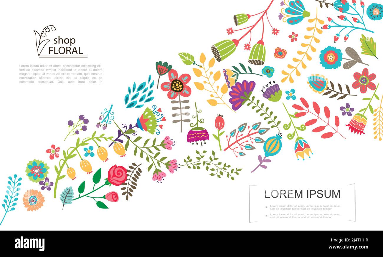 Flat colorful floral template with different beautiful summer and ...
