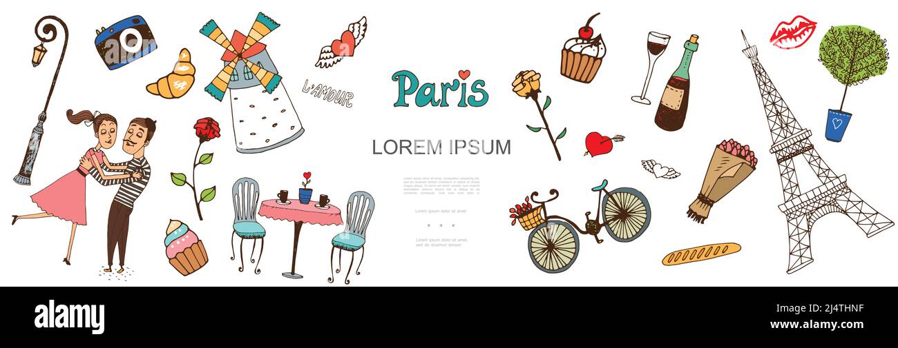 Sketch Paris colorful template with couple of lovers Eiffel Tower ...