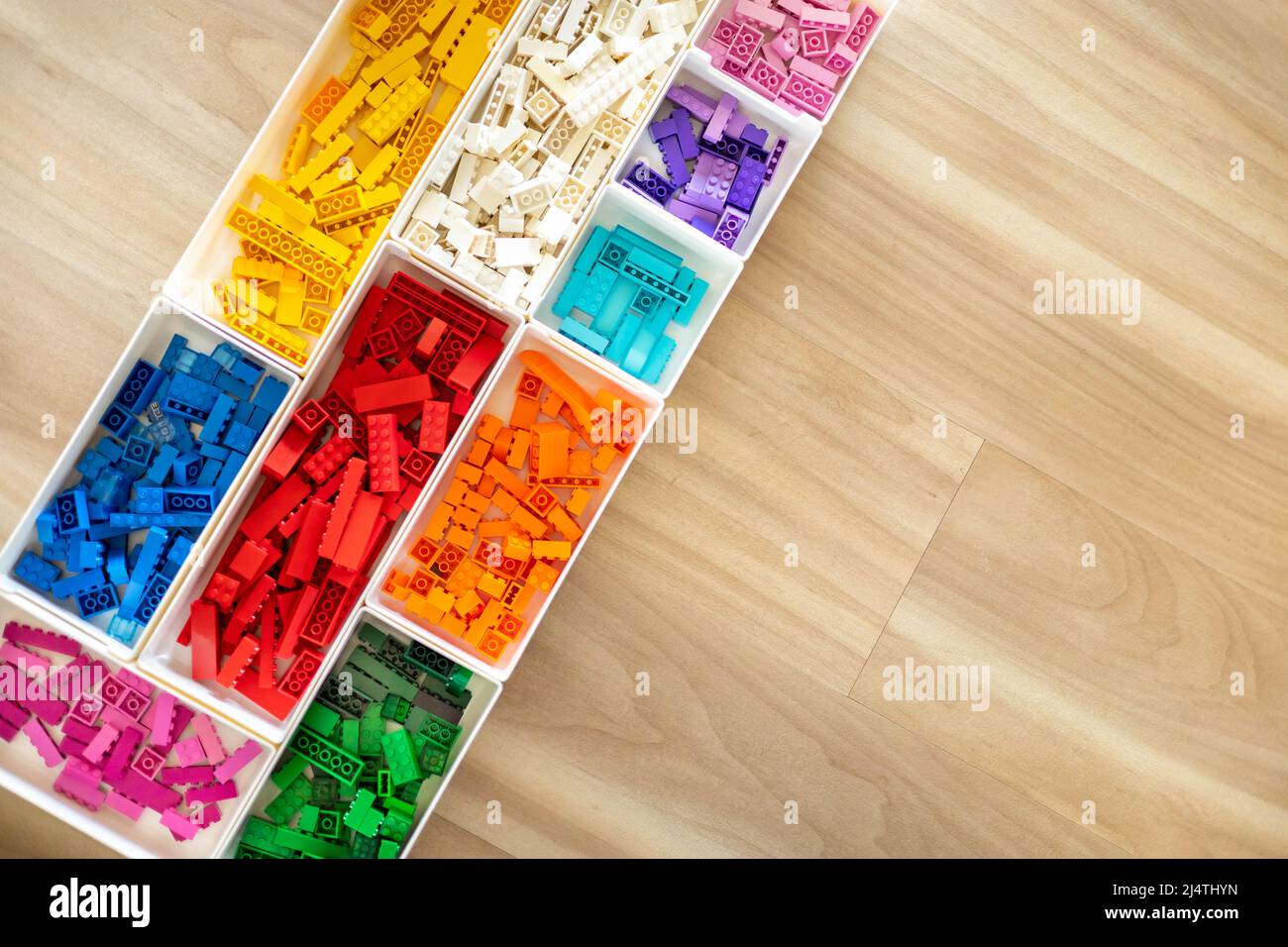 Khabarovsk, Russia, February 25, 2022. Top view multicolored Lego ...