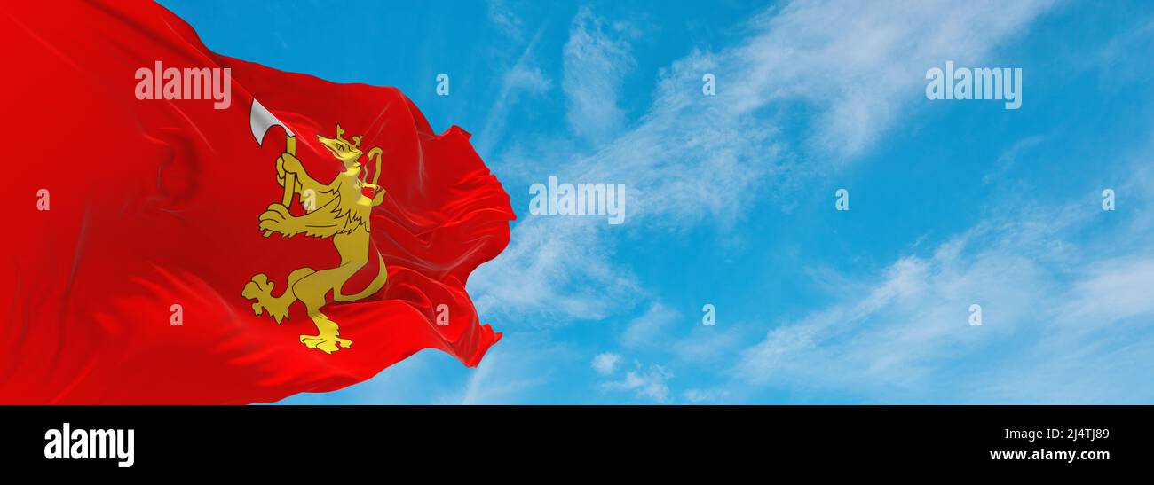 official flag of Konge royal standards of Norway , Norway at cloudy sky ...