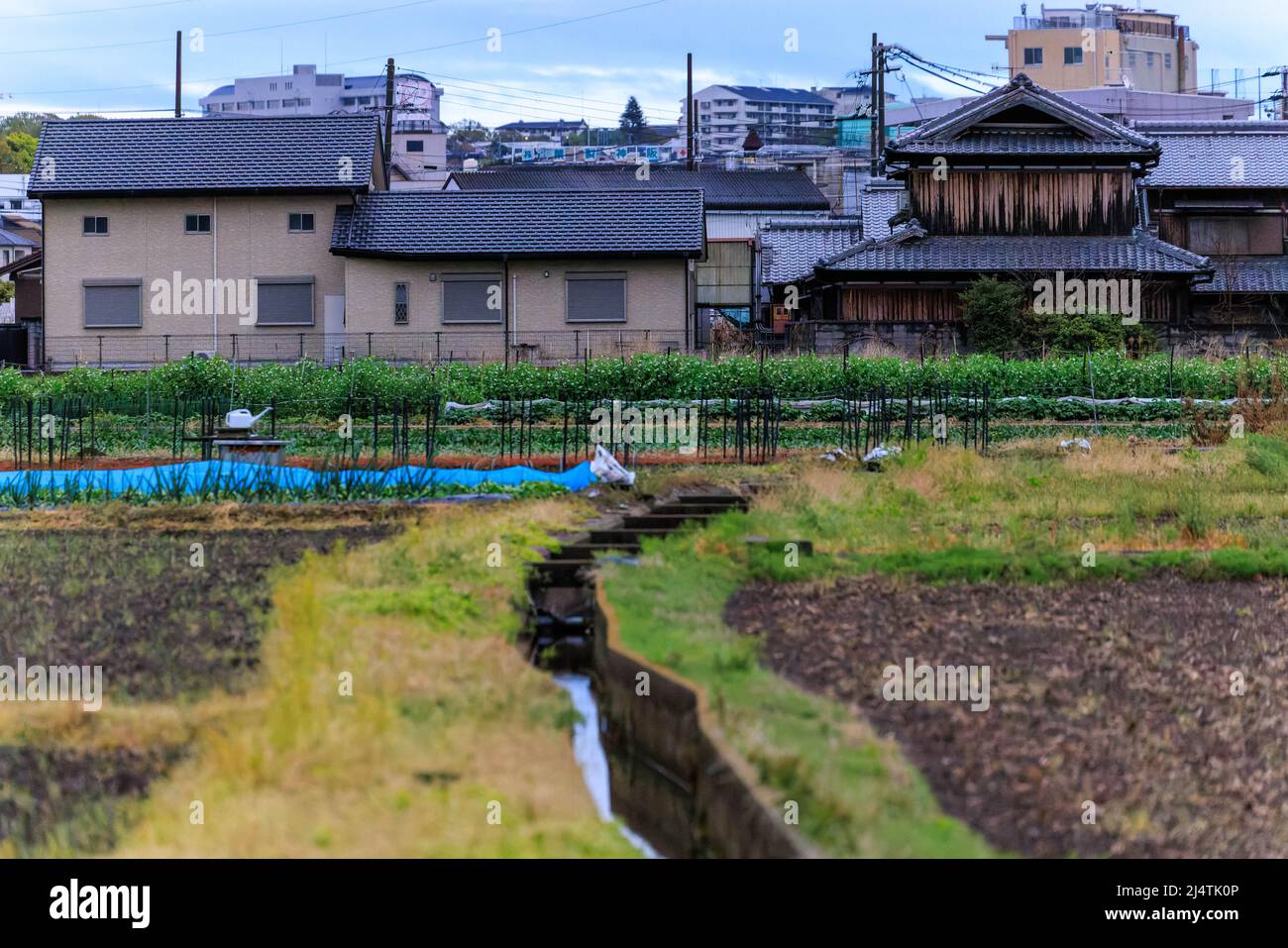 Small irrigation canal through plowed fields in residential area Stock ...