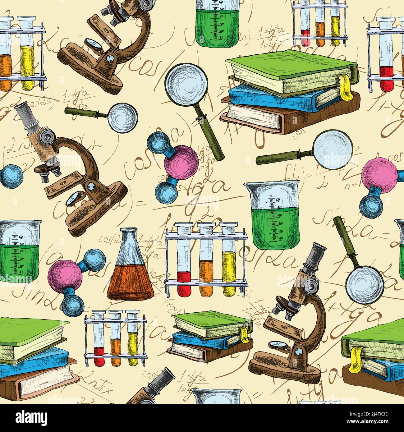 Science education sketch seamless background with book equation loupe ...