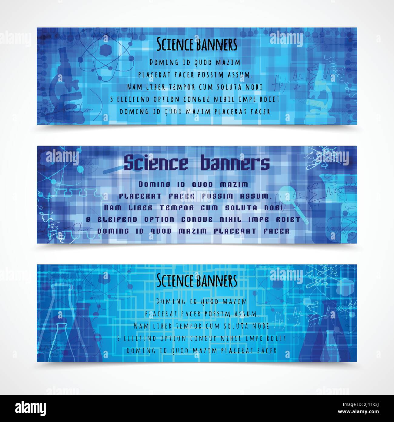 Science education modern banners with flasks magnifier microscope ...