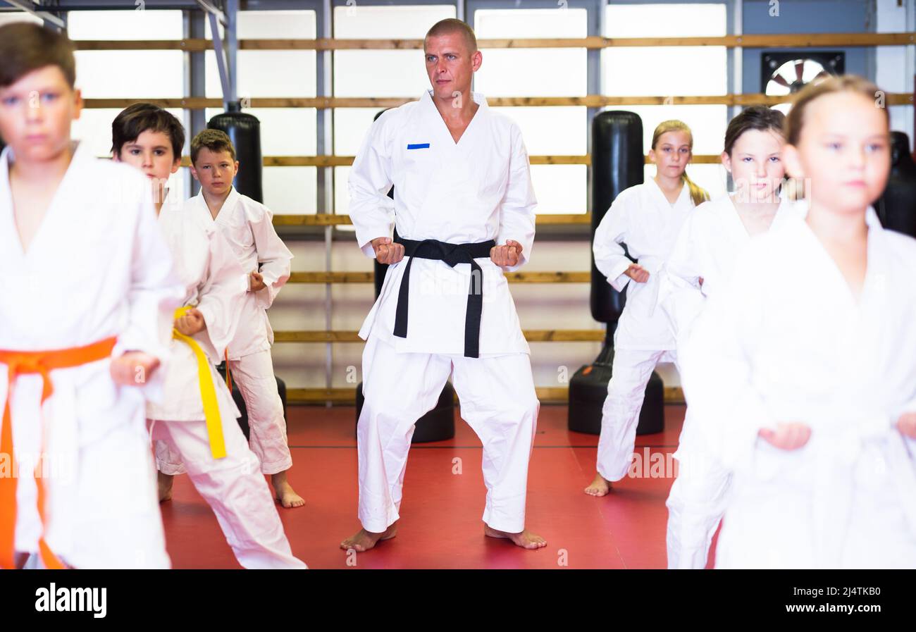 Schoolchilds practicing new technique in karate class Stock Photo - Alamy