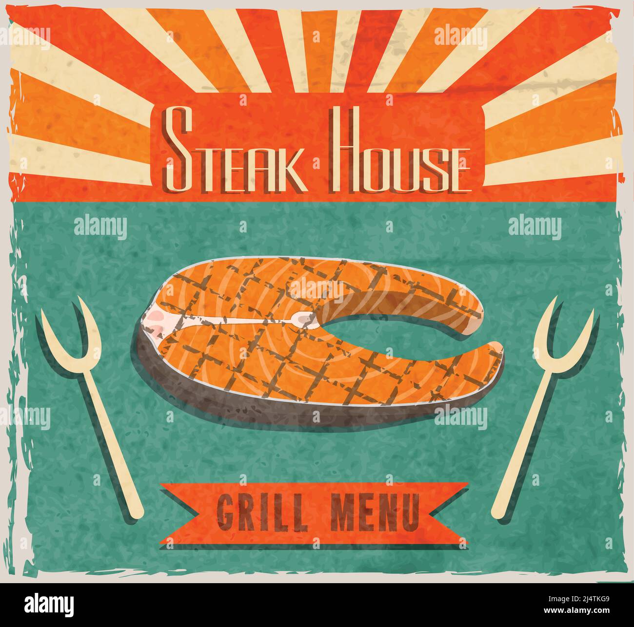 Barbecue retro vintage grill restaurant poster with fish steak vector ...