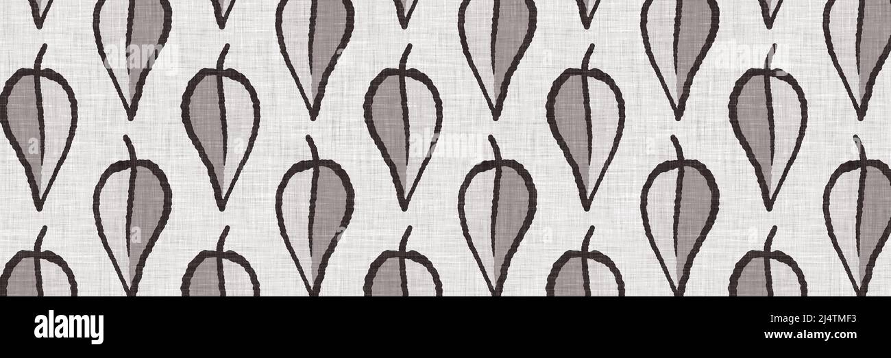 French grey botanical leaf linen border pattern with 2 tone country ...