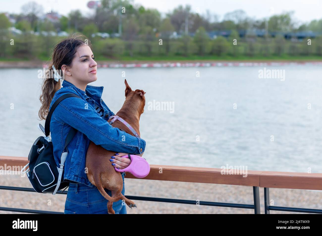 A teenage girl holding a miniature pincher in her arms by the lake ...