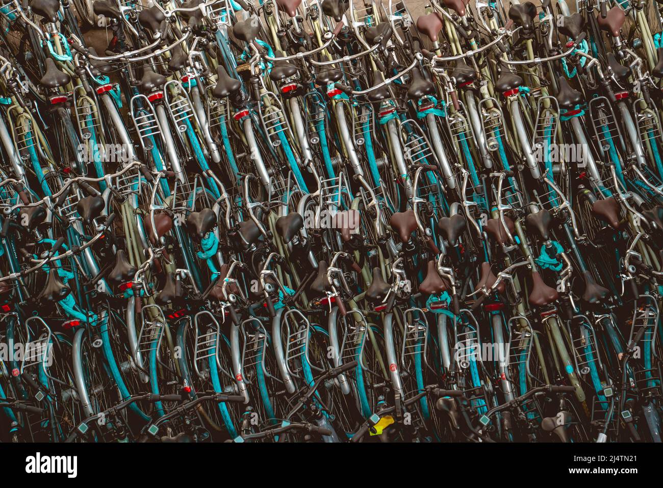 Colorful bike storage pattern in a Dutch warehouse seen from above ...