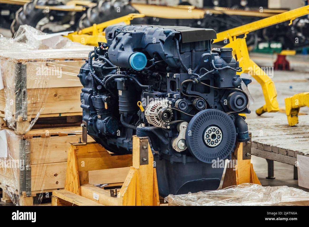 Modern diesel engine for assembling of machinery in the workshop Stock ...