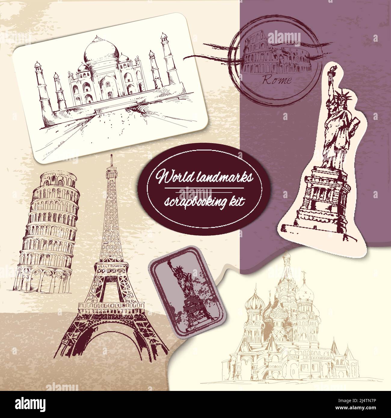 World landmark sketch scrapbooking kit with stickers badges and ...