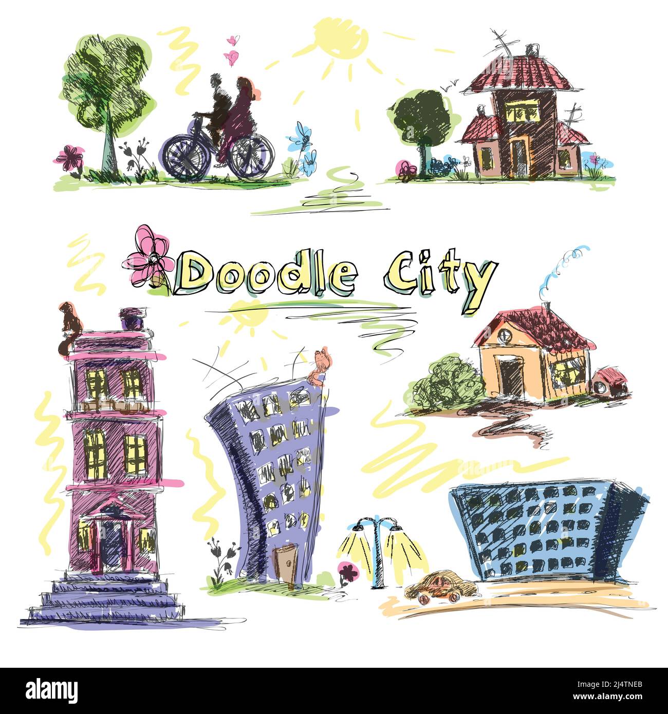 City doodle set colored of modern and old urban buildings isolated ...