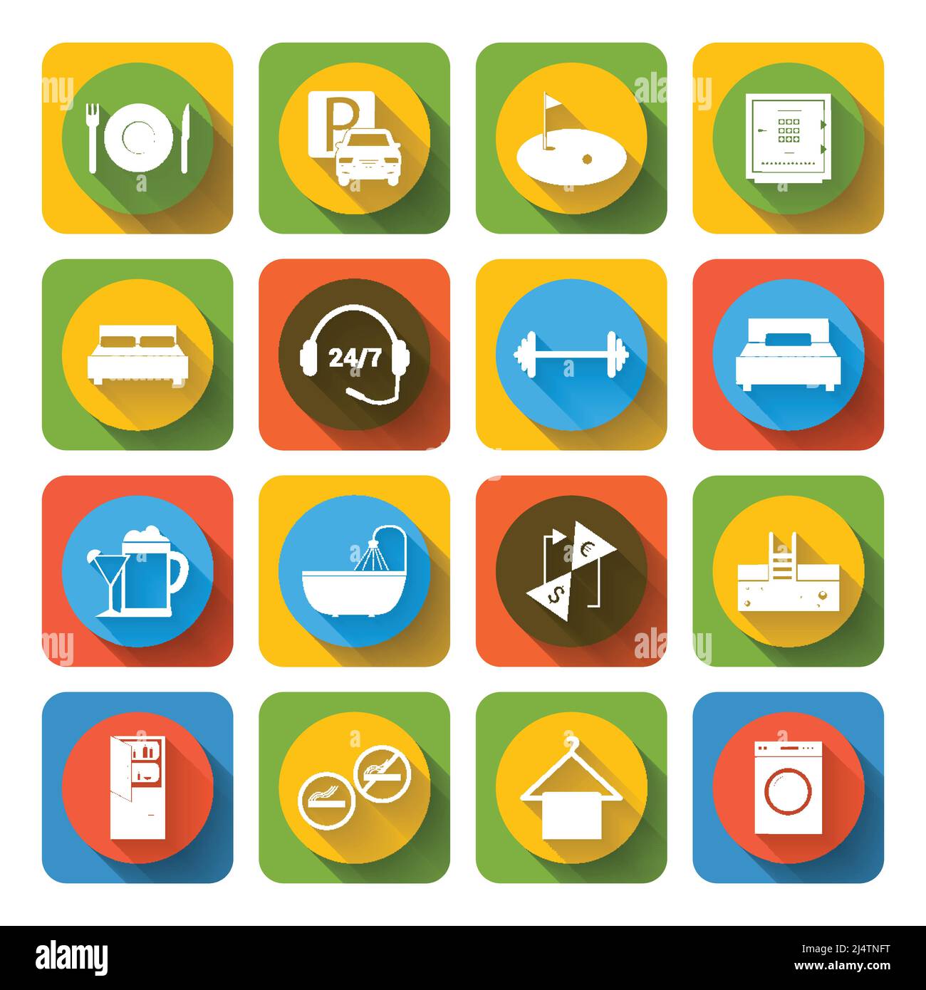 Hotel amenities and room service tourism icons of swimming massage golf ...