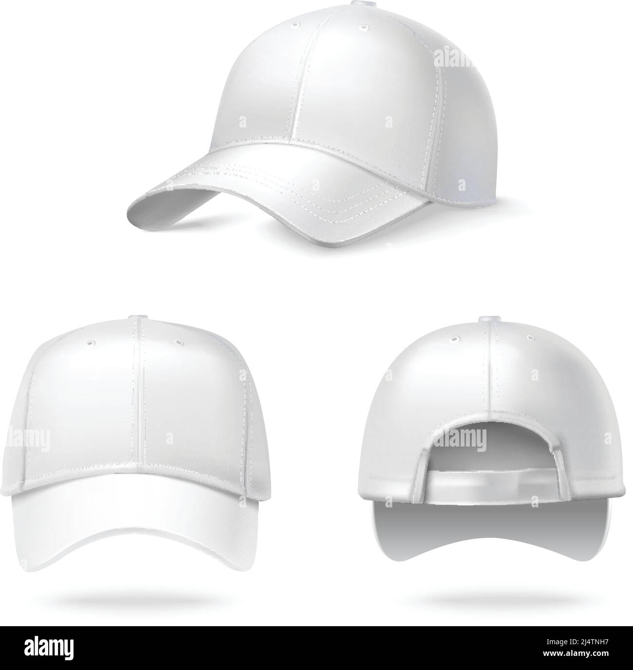 Realistic back front and side view white baseball cap isolated on white ...