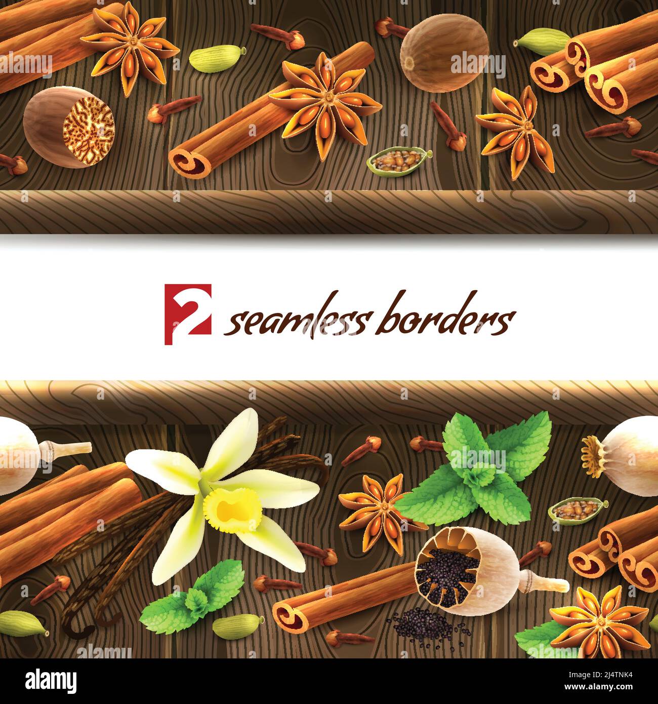 Confectionery spices on dark wooden seamless borders vector ...