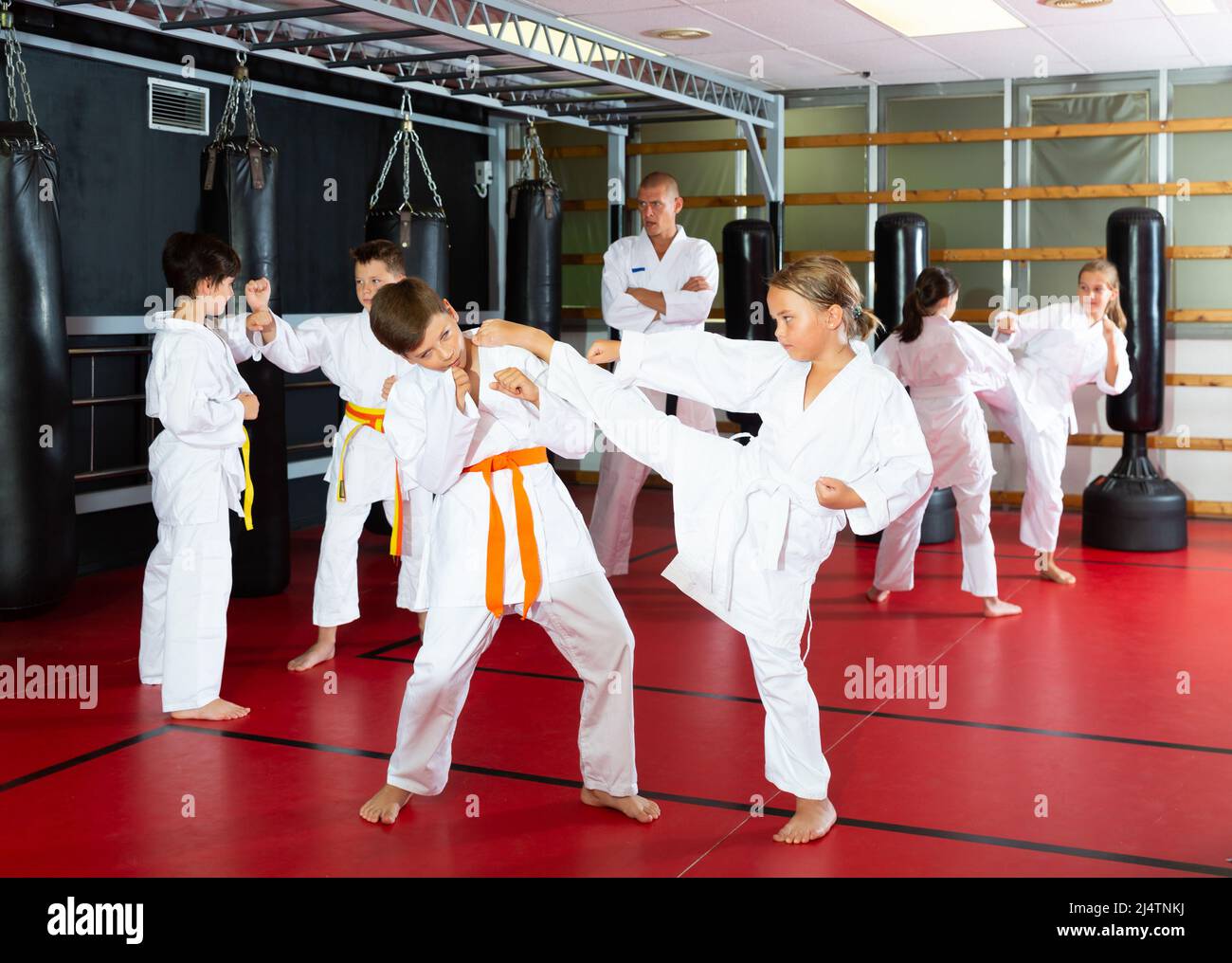 Kids in kimonos exercising techniques in pair during taekwondo class ...