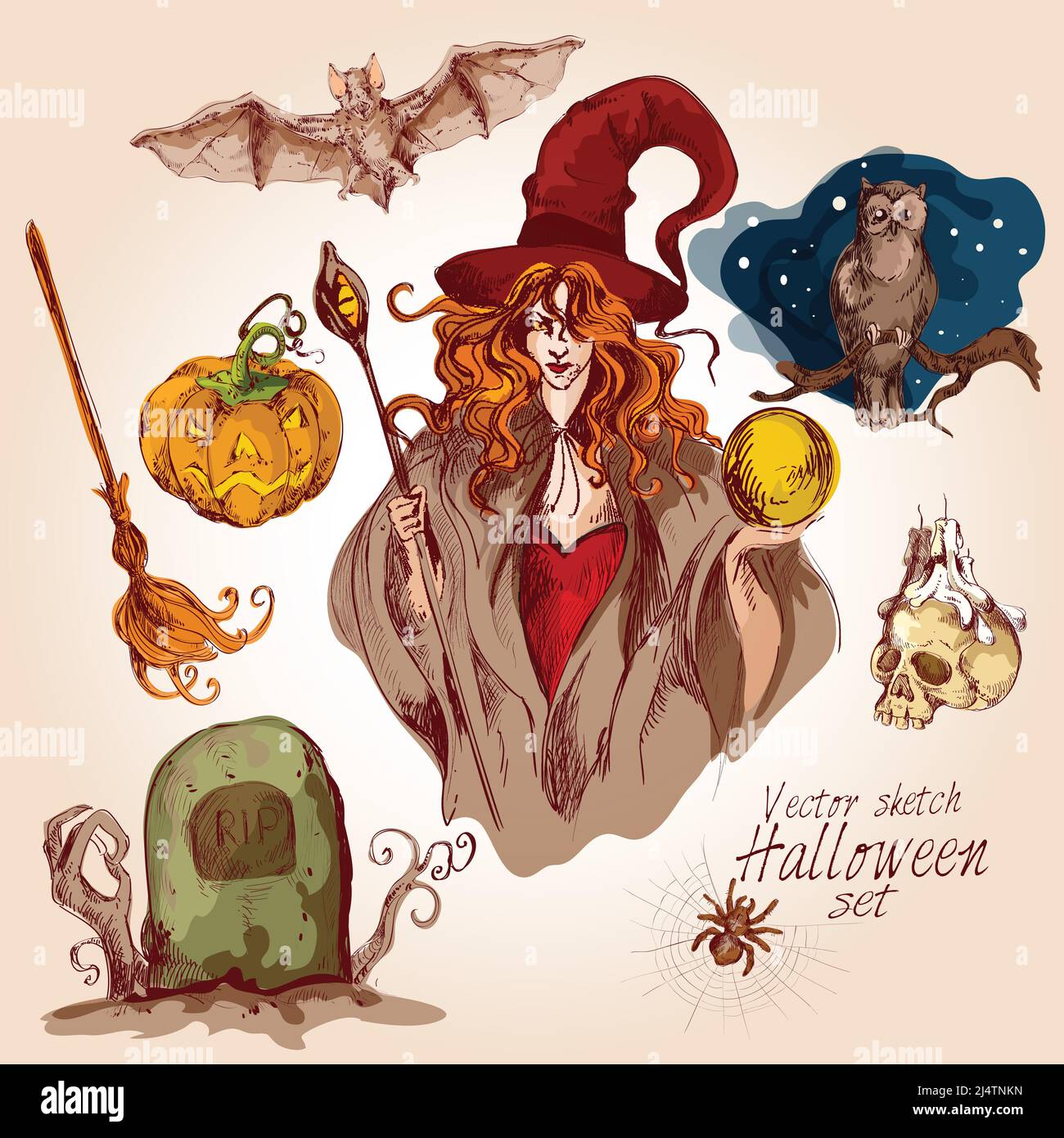 Halloween autumn holiday celebration colored sketch decorative elements ...
