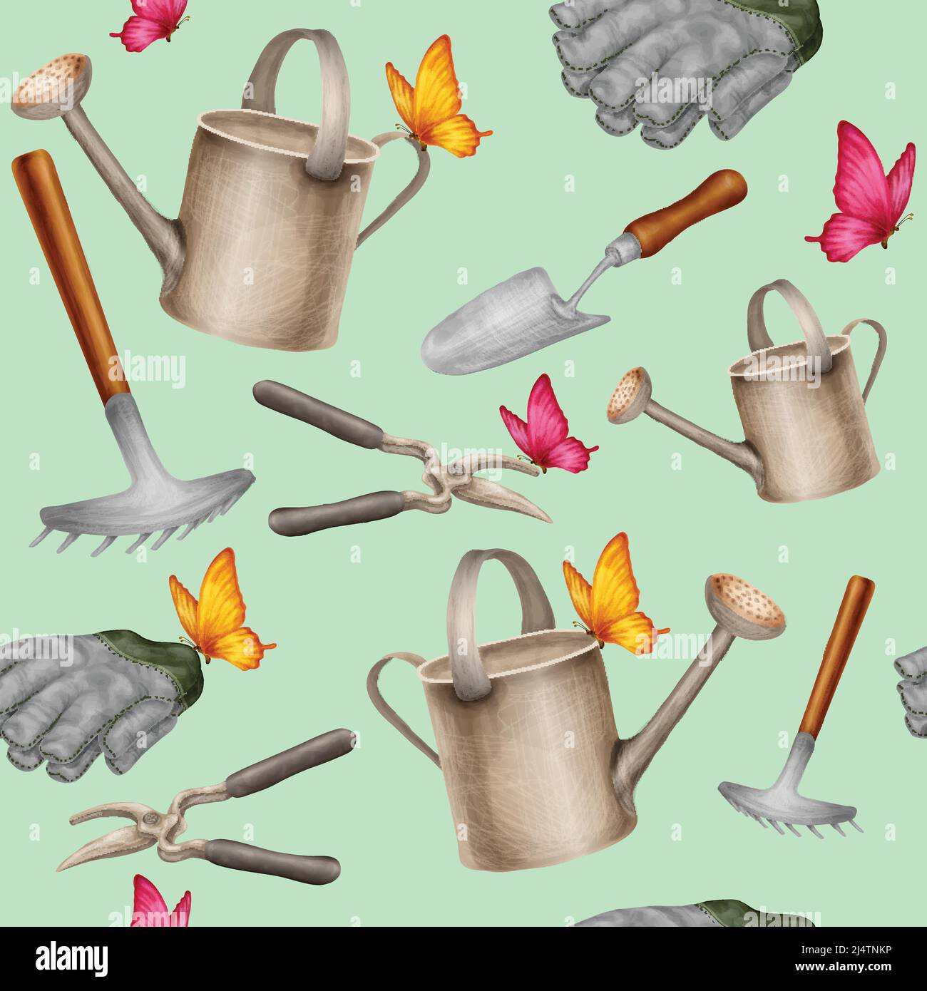 Garden tools farming agriculture equipment seamless pattern with gloves ...