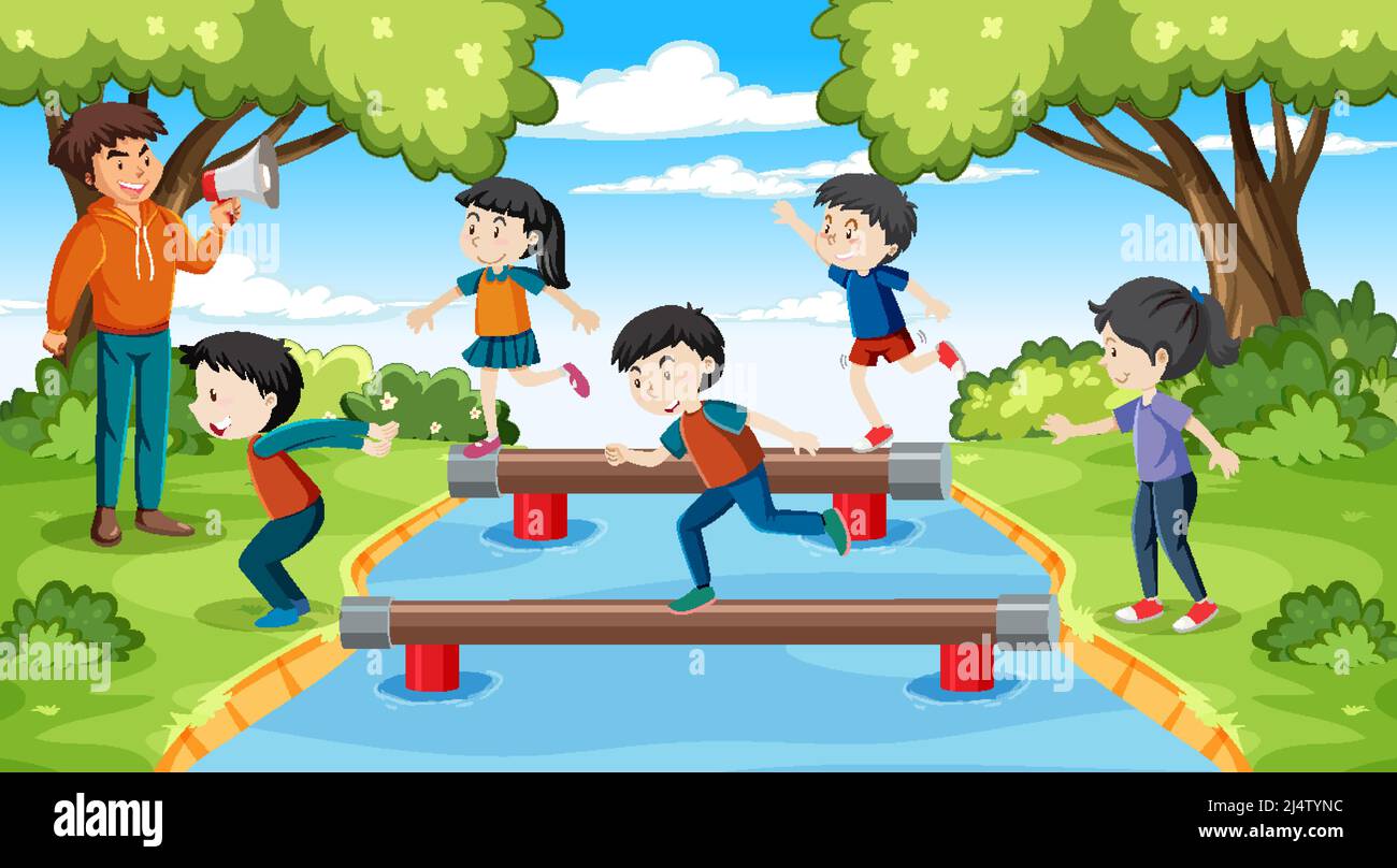 Children balancing on beam at the park illustration Stock Vector Image ...