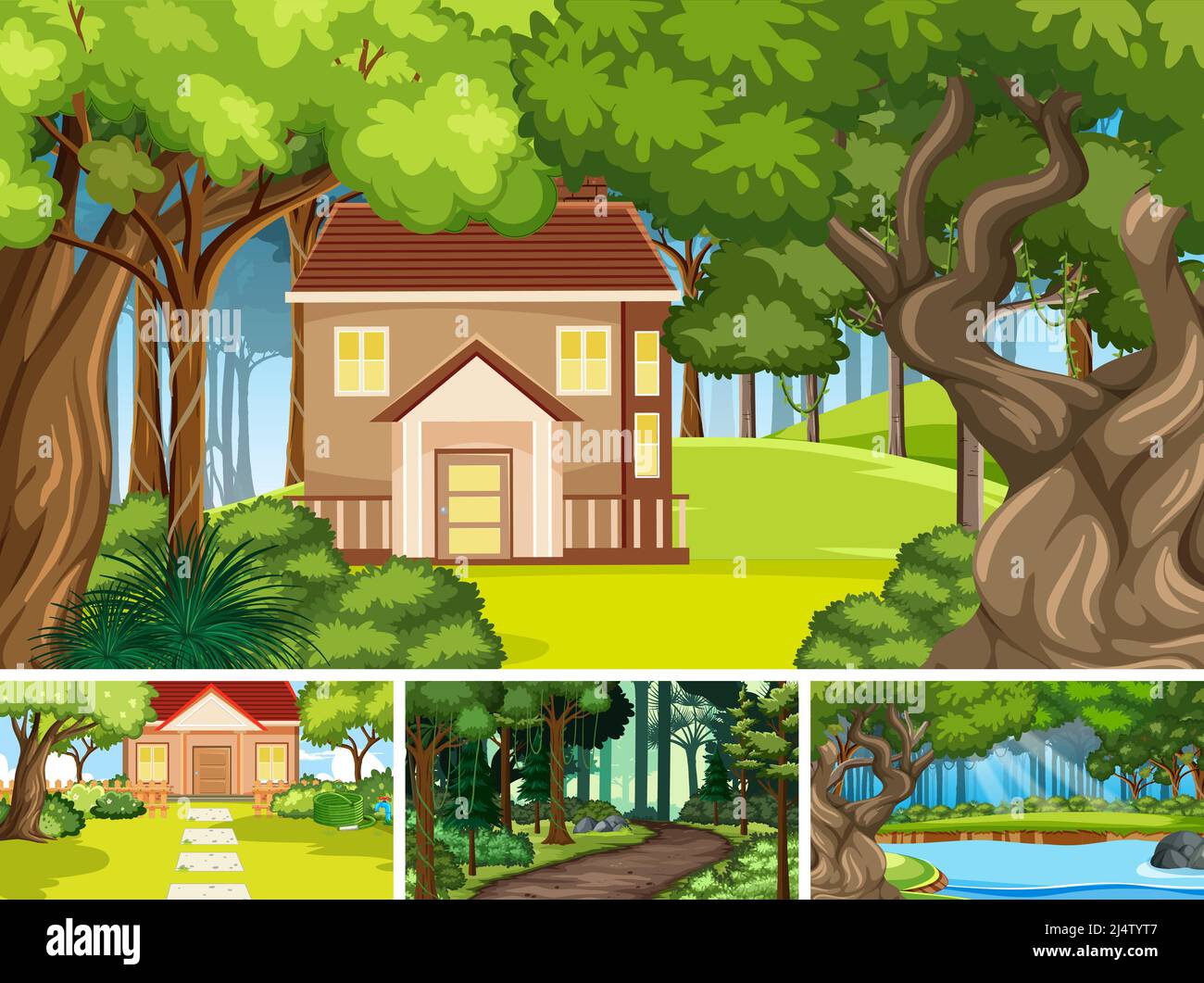 Nature scene with many trees and houses illustration Stock Vector Image ...