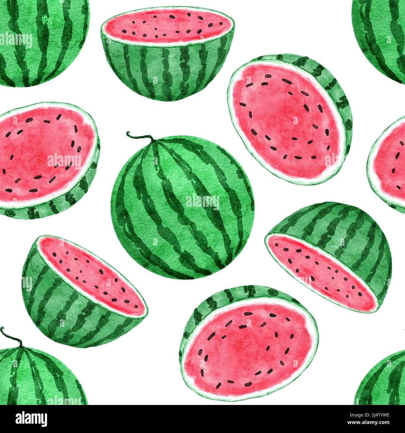 Watercolor hand drawn seamless pattern with watermelon fruit, red green ...