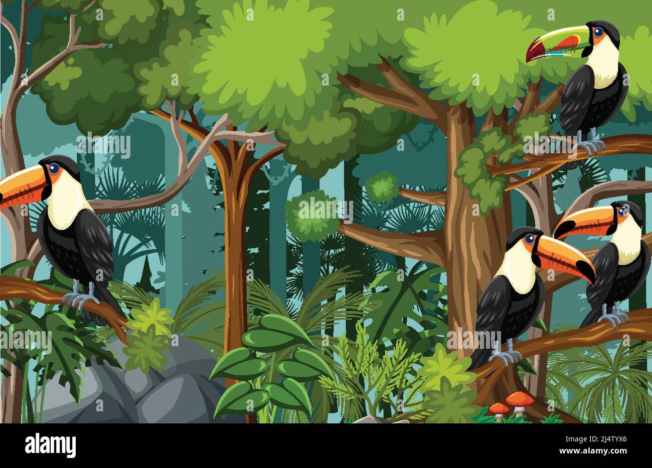 Forest scene with toucan bird family illustration Stock Vector Image ...