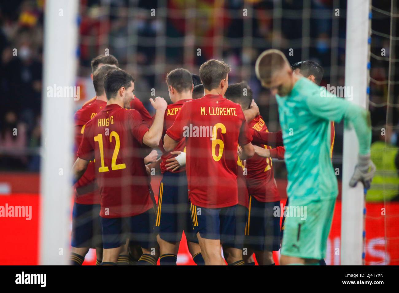 Yeremy Pino of Spain celebrates with team mates after scoring their ...