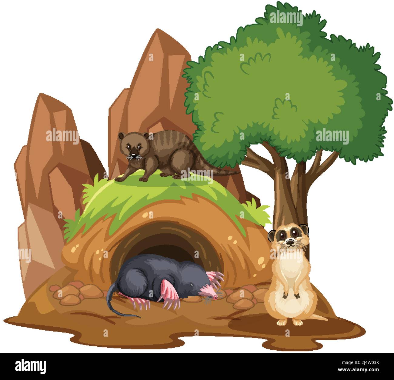 Different animals in burrow on white background illustration Stock ...