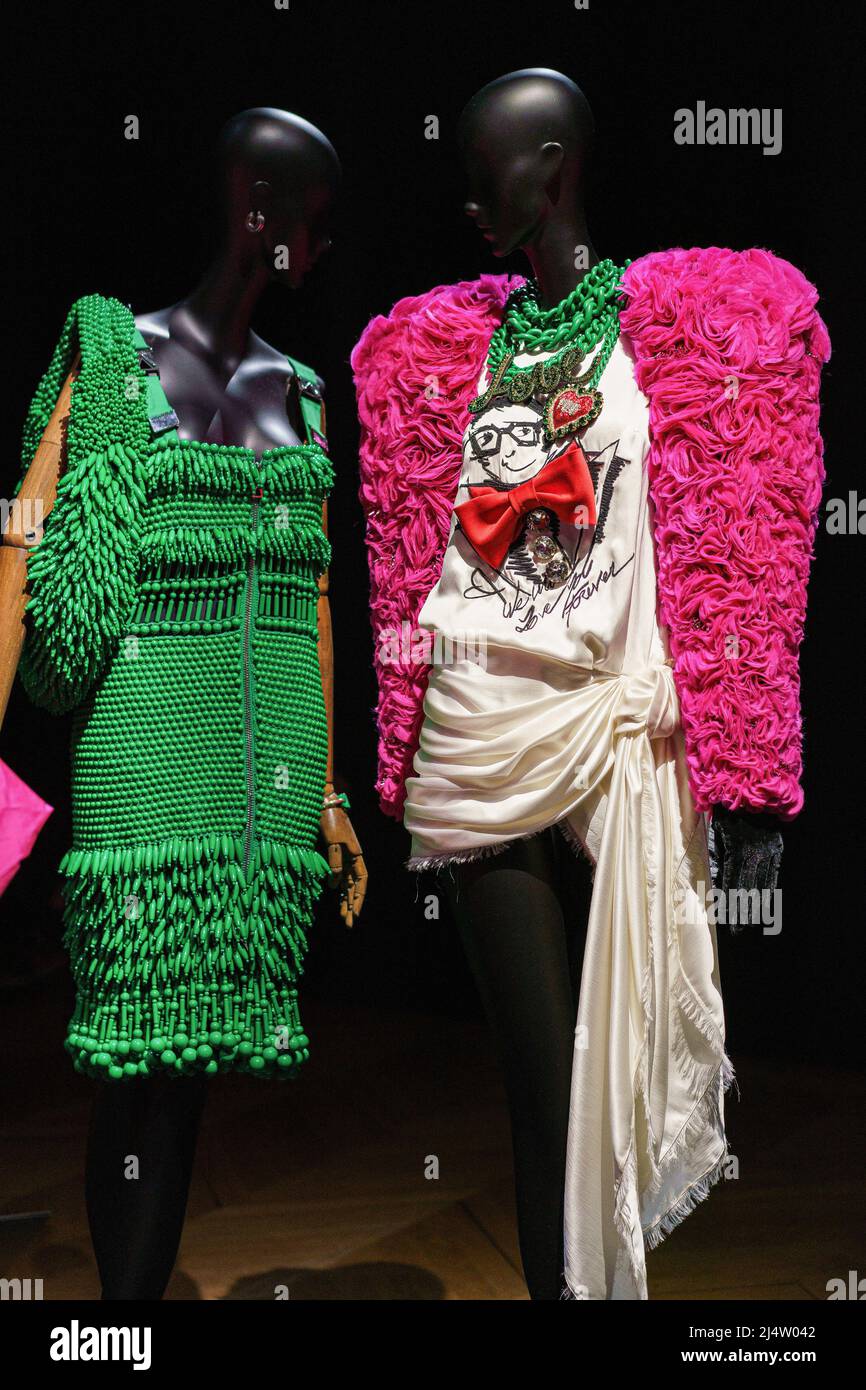 Paris, France. 13th Apr, 2022. A designer dress by Balmain is exhibited ...