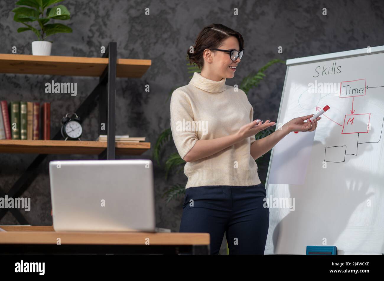 A female tutor standing near the flipchart and presenting material ...
