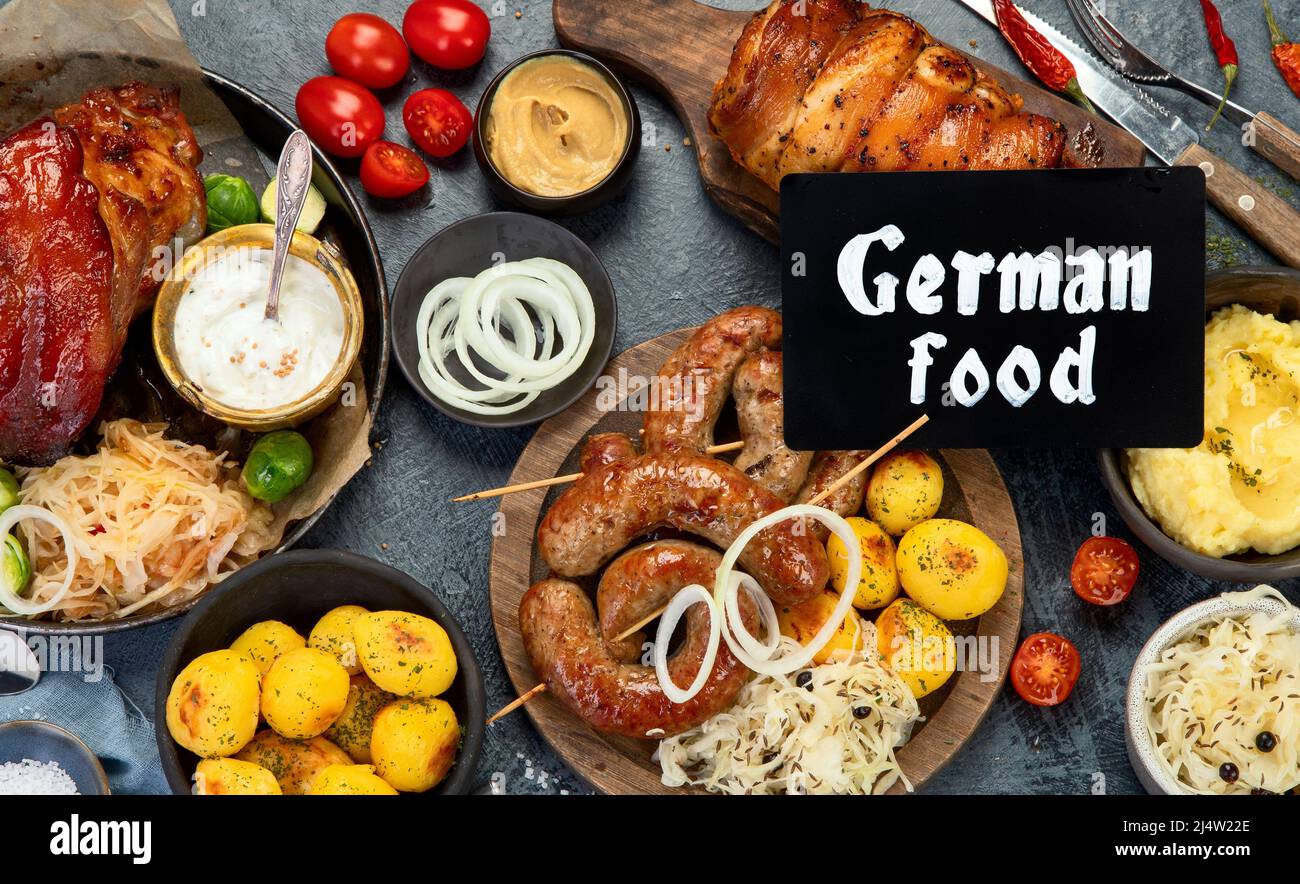 German cuisine on dark background. Traditional food concept. Grilled ...