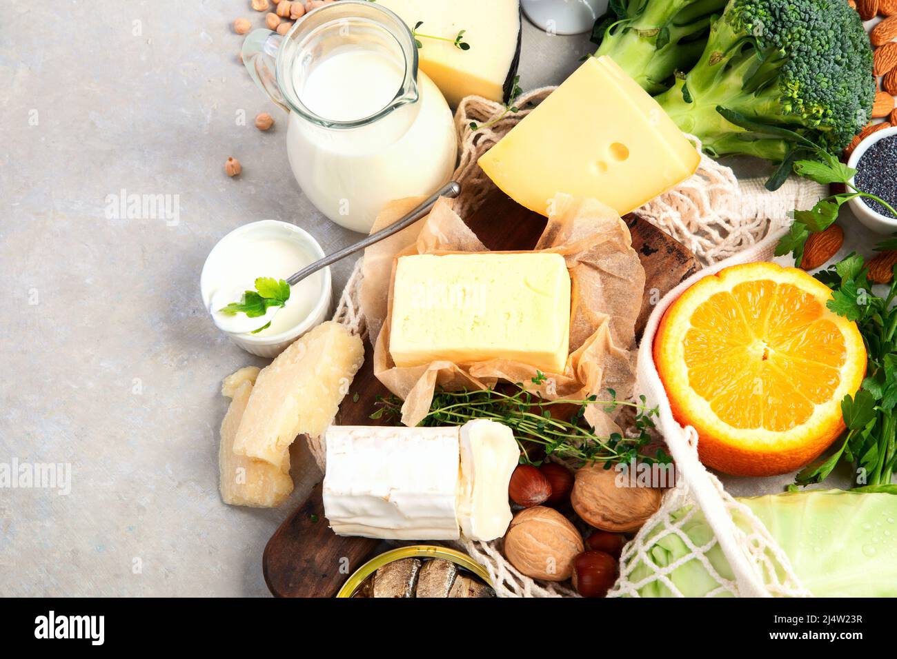 Healthy food high in calcium on light background. Dairy products ...