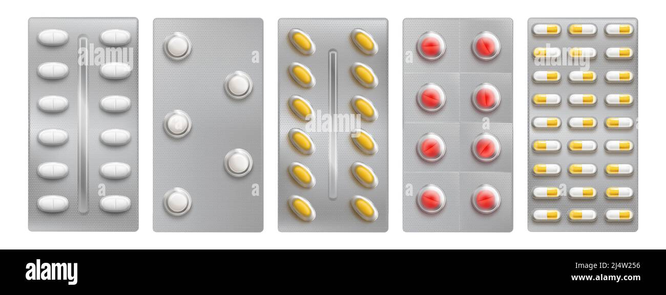 Pill blisters, medicine tablets and capsules packs isolated mock up ...