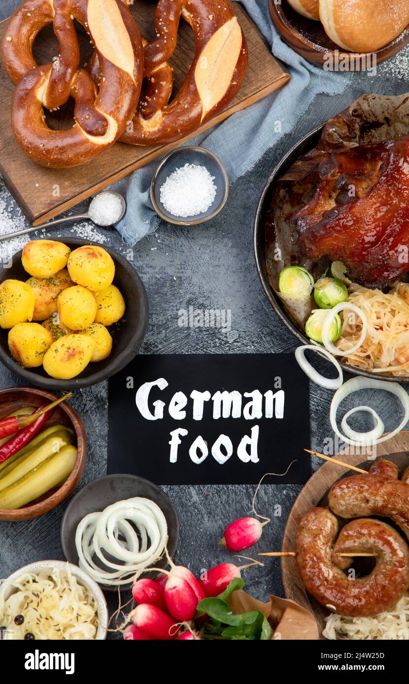 German cuisine on dark background. Traditional food concept. Grilled ...