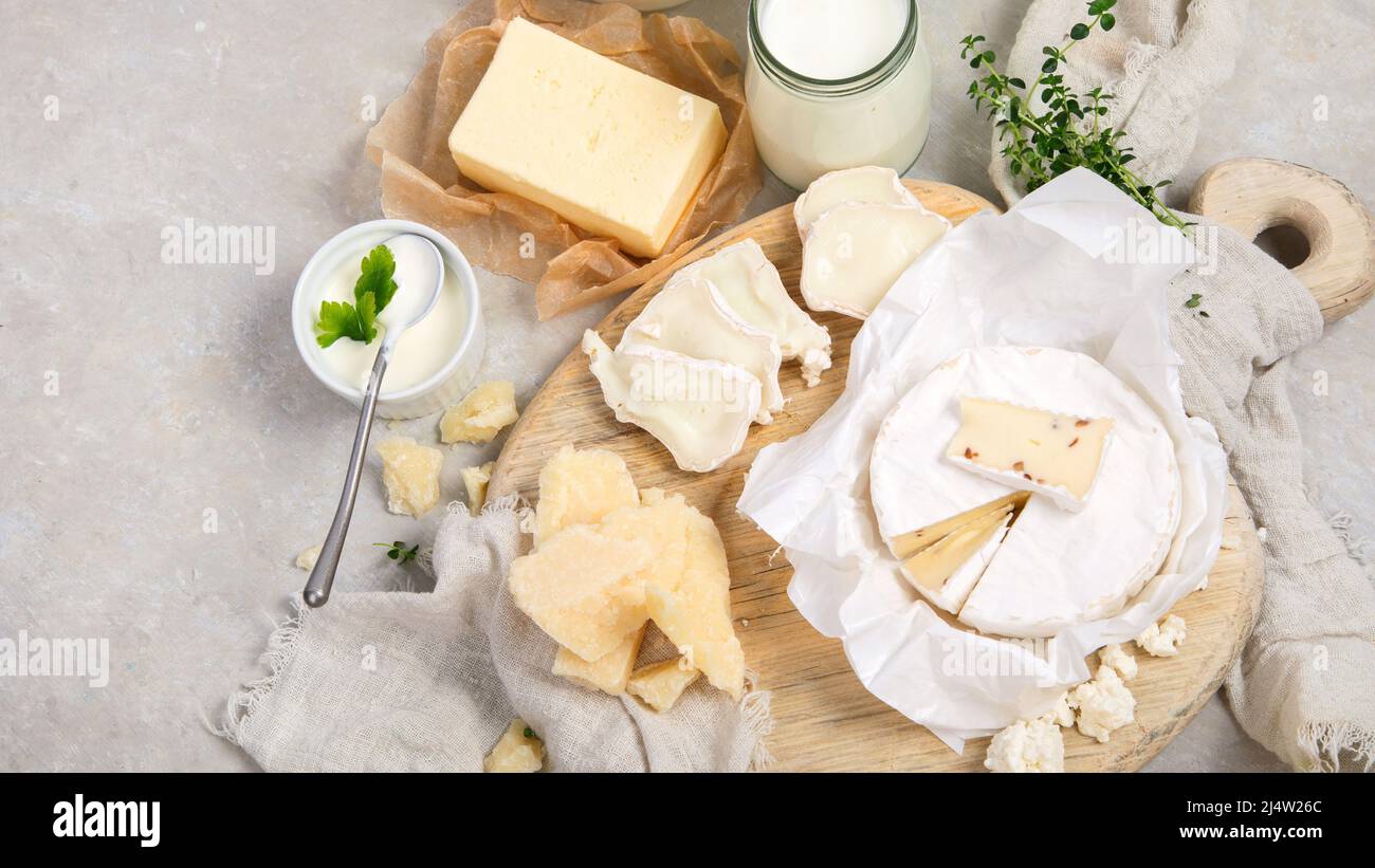 Fresh diary products on light background. Halthy food concept. Top view ...