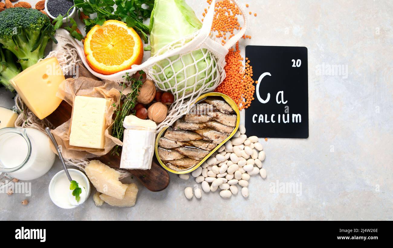 Healthy food high in calcium on light background. Dairy products ...