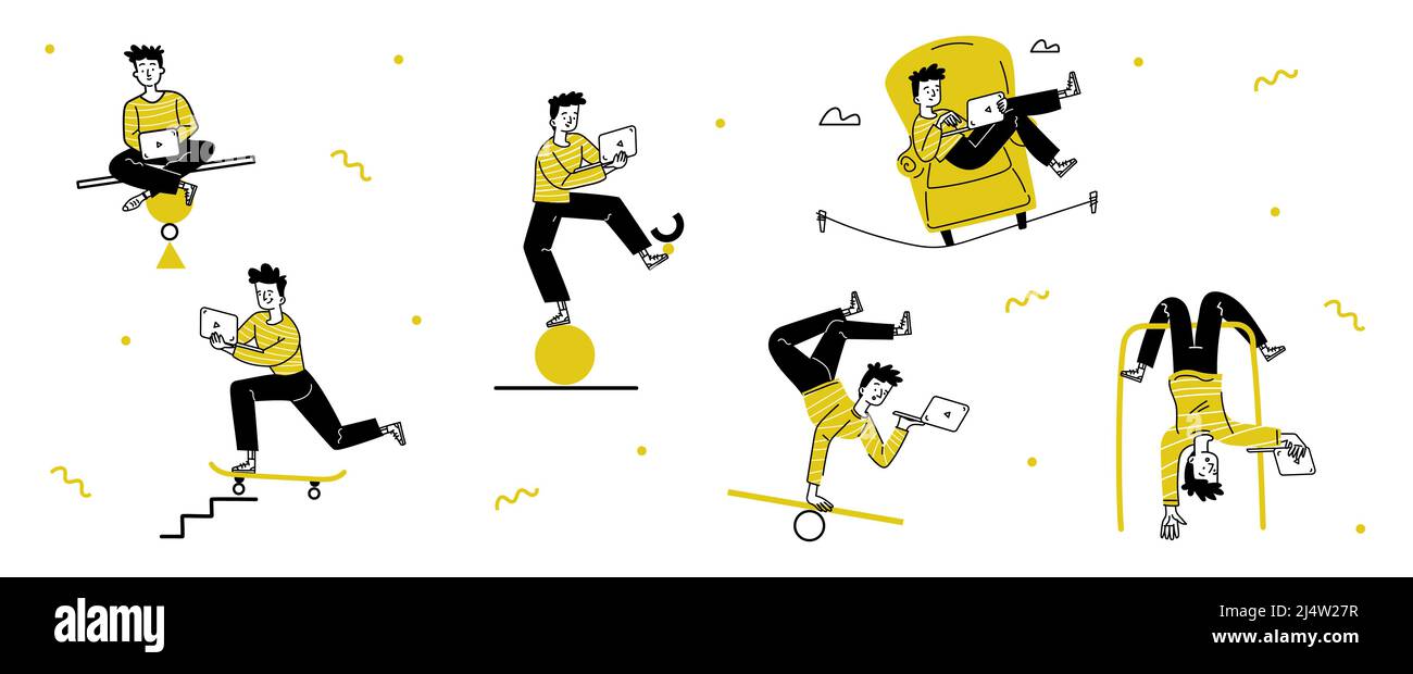 Freelancer life balance concept, man with laptop in hands balancing on ...