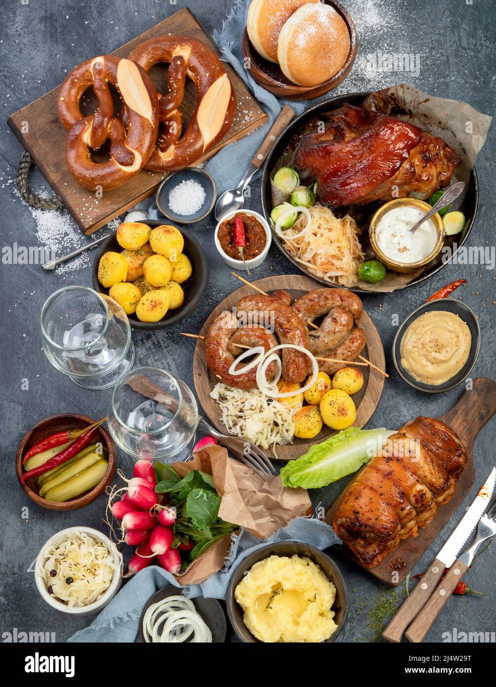 German cuisine on dark background. Traditional food concept. Grilled ...