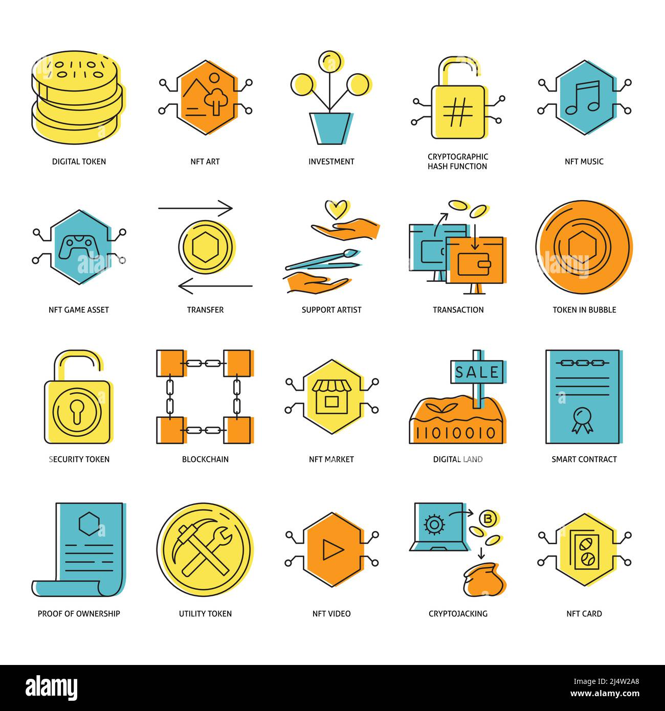 NFT token and blockchain icon set in line style. Virtual property and ...