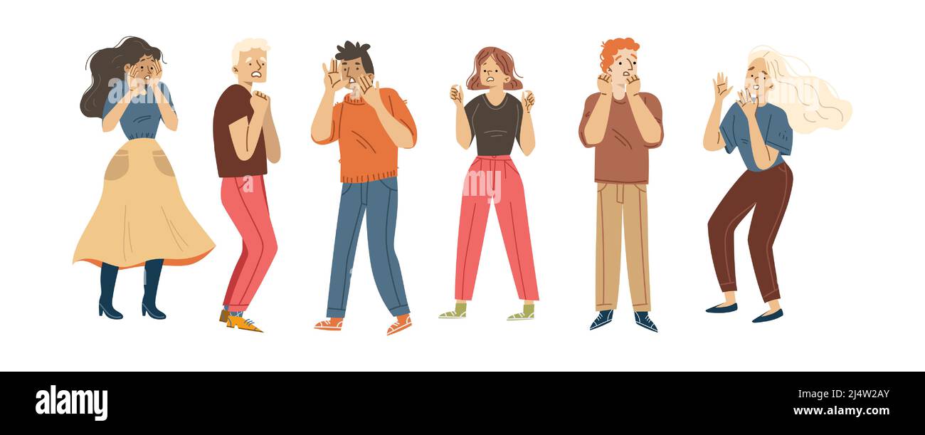 People afraid, terrified, in panic. Men and women characters with ...