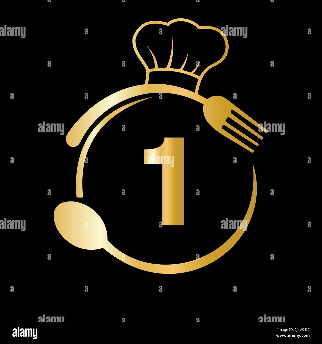 Restaurant Logo on Letter 1 with Chef Hat, Spoon and Fork Symbol for ...